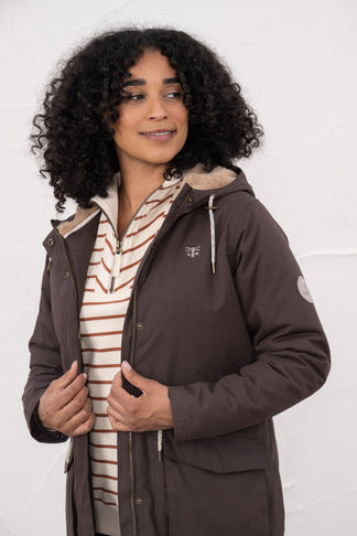 Isobel Coat. Faux Fur Lined Padded Raincoat in Cocoa| Lighthouse