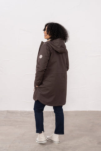 Isobel Coat. Faux Fur Lined Padded Raincoat in Cocoa| Lighthouse